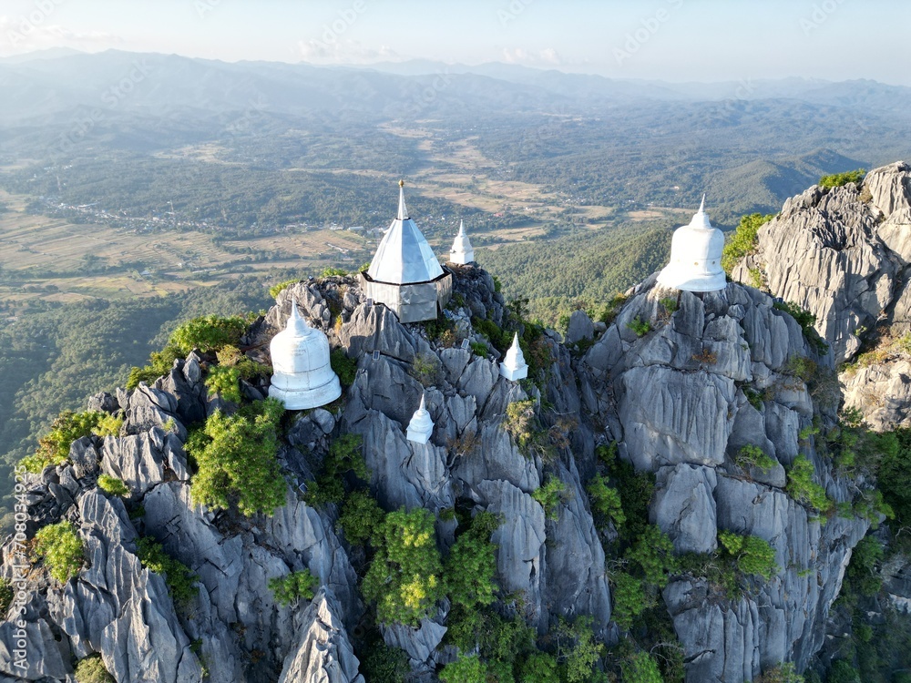 Drone photo of Wat Chaloem Phra Kiat (The Temple of Floating Pagodas ...