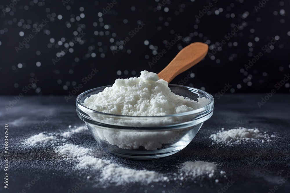 Hydrolyzed collagen powder in a glass bowl with wooden spoon on a black ...