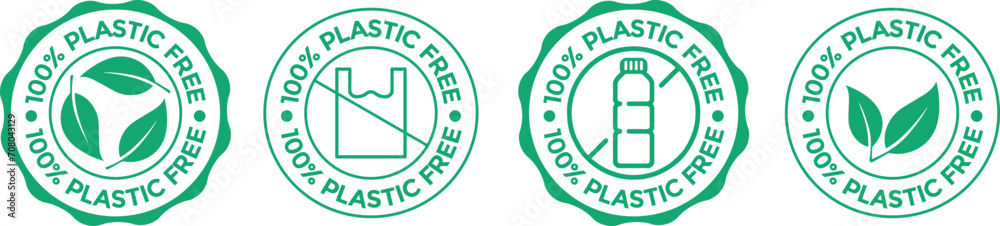 100% plastic-free Badge. Vector logo design set of green plastic free ...