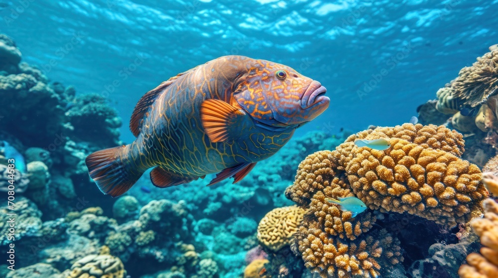 Napoleon wrasse in the shimmering blue of the sea. Stock-Foto | Adobe Stock
