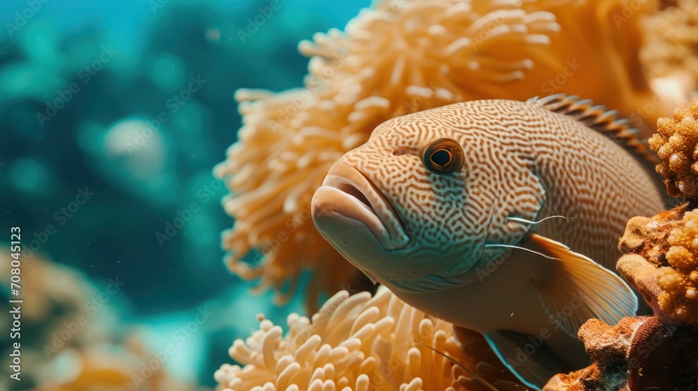 Big fish in coral splendor. A majestic colorful fish peeps out of the ...