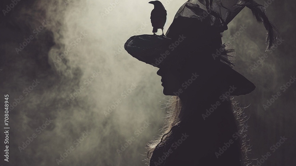 Raven minion is whispering to a dark beautiful witch woman on smoky ...