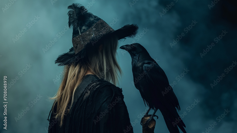 Raven minion is whispering to a dark beautiful witch woman on smoky ...