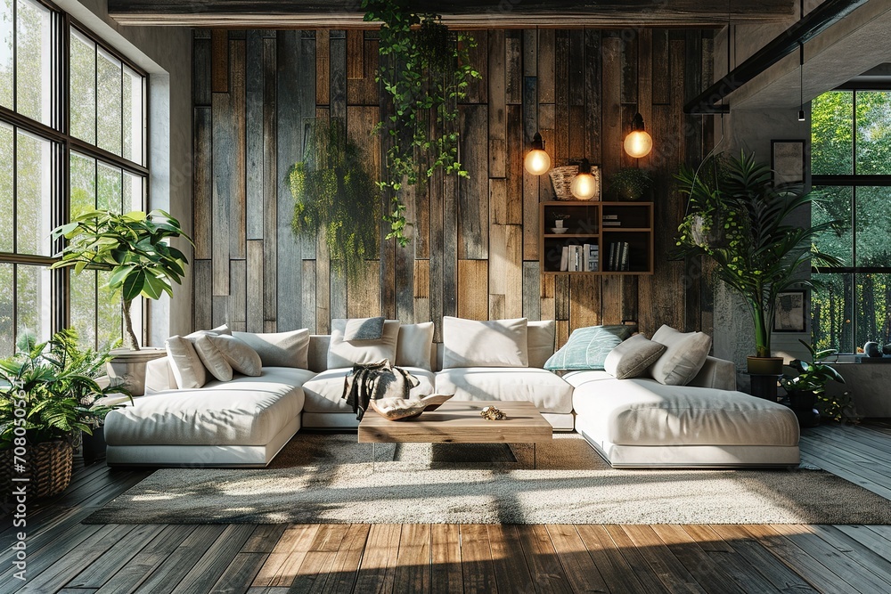 Moderno salon visto de frente con sofa y estaterias de madera, tonos ...