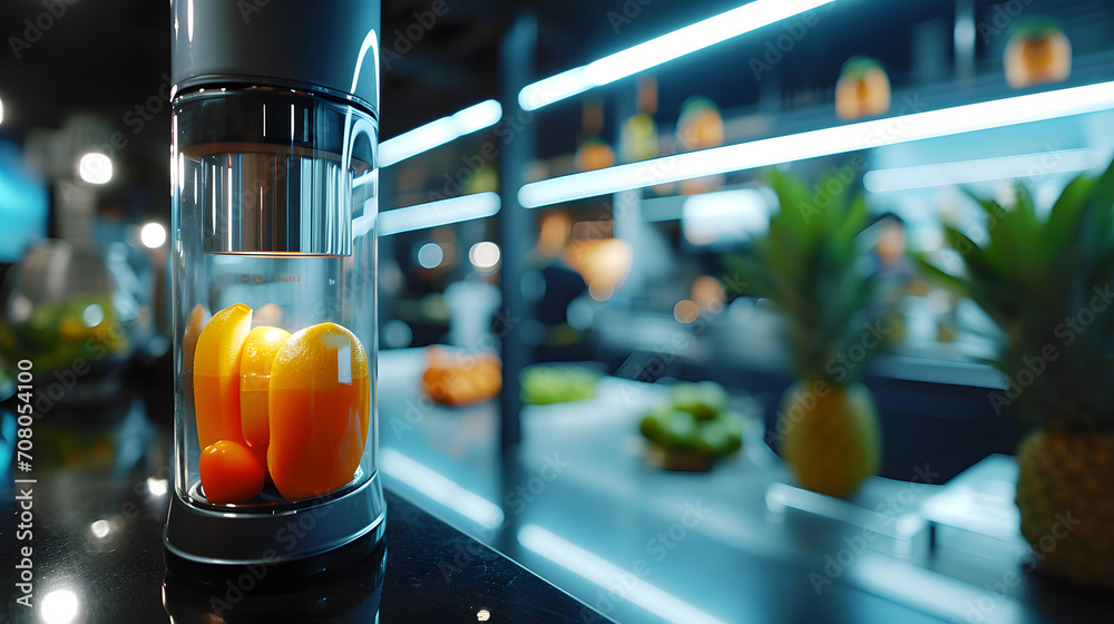 A high-tech smoothie-making robot in a futuristic café demonstrating ...