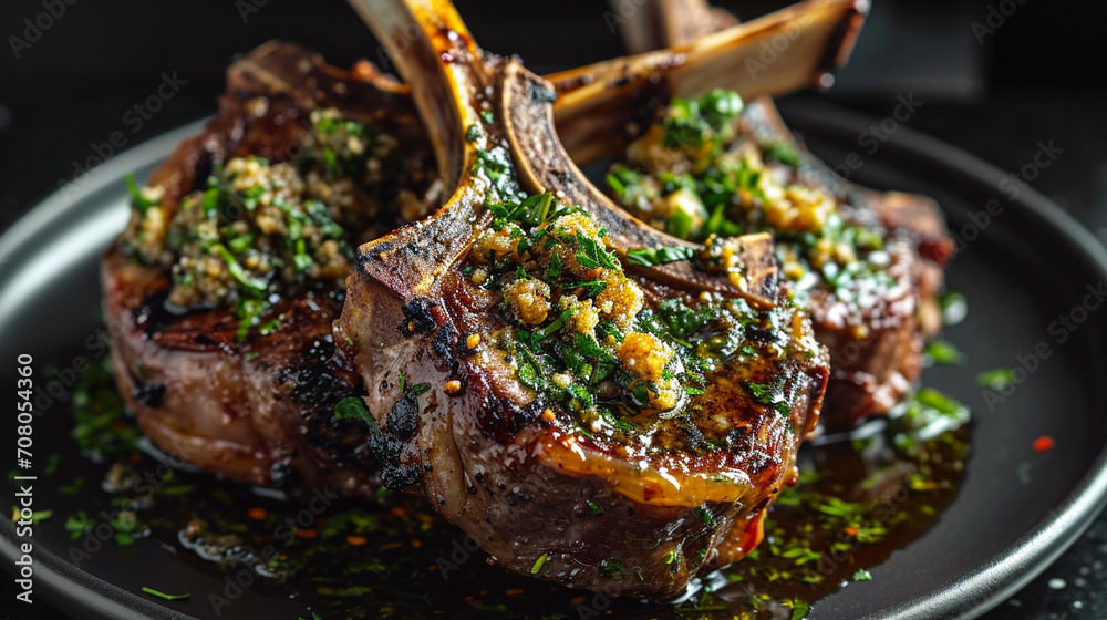 Double-cut lamb ribs on a ceramic plate. Mint ground and honey crust ...
