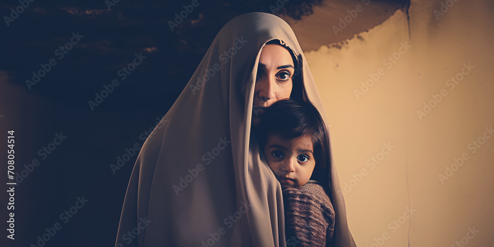 Portrait of sad Arabic woman hugging with her child little boy in camp ...
