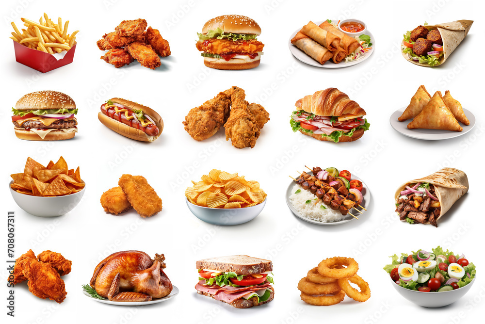 All Fast Food collection set, isolated on white background. Fried ...