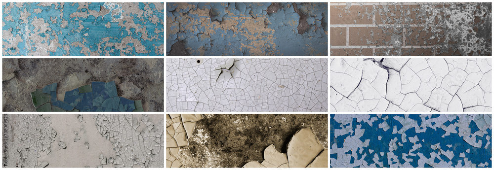 Set of peeling paint textures. Old concrete walls with cracked flaking ...