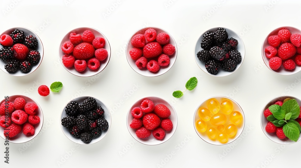 The top view shows different fresh fruits on plates with a light-white ...