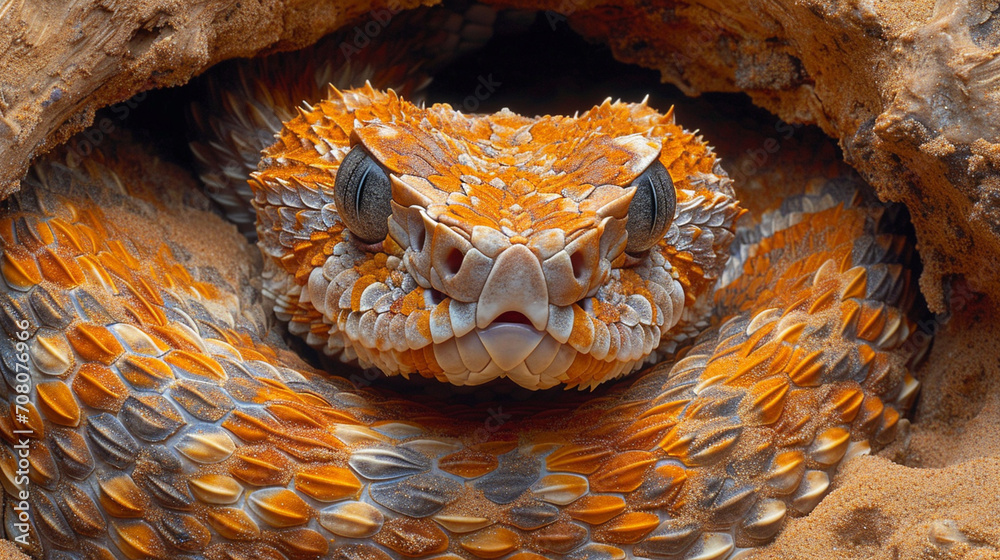 An intimate portrayal of a Saharan Horned Viper coiled in the sand ...