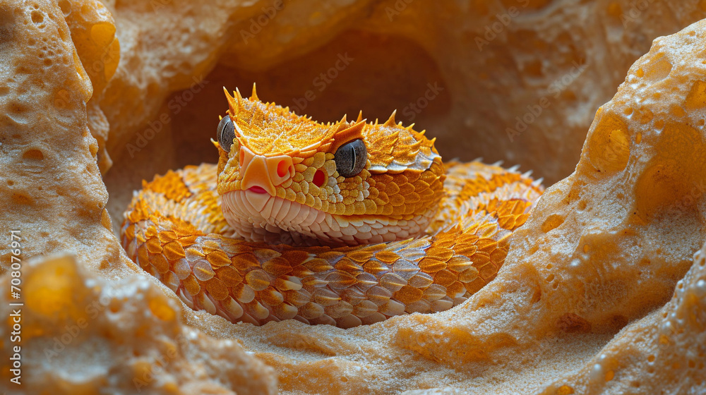 An intimate portrayal of a Saharan Horned Viper coiled in the sand ...