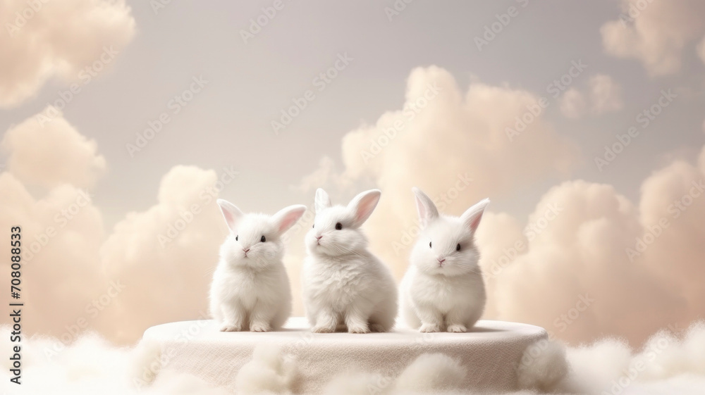 three fluffy white cute bunnies on the podium atmospheric clouds ...