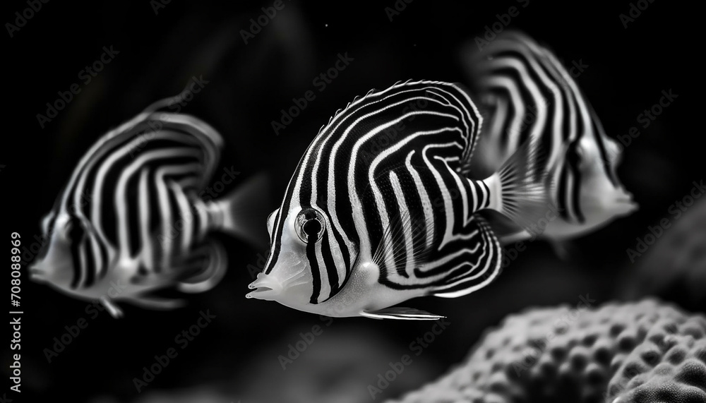 Striped zebra fish swimming in the beautiful underwater coral reef ...