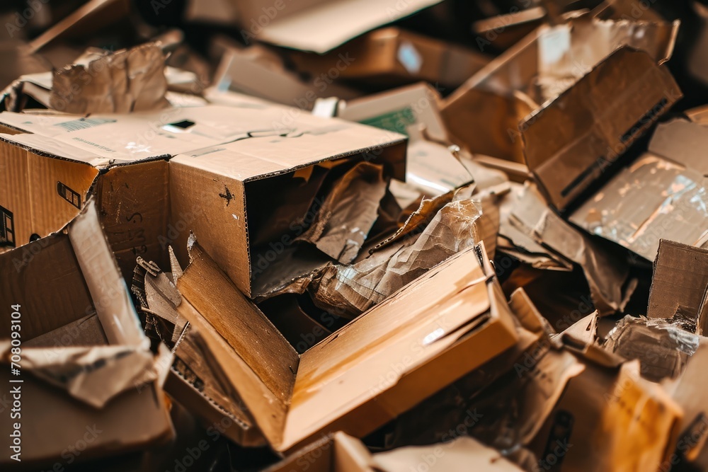 A pile of empty carton boxes. Mess, carton waste pollution, excessive ...