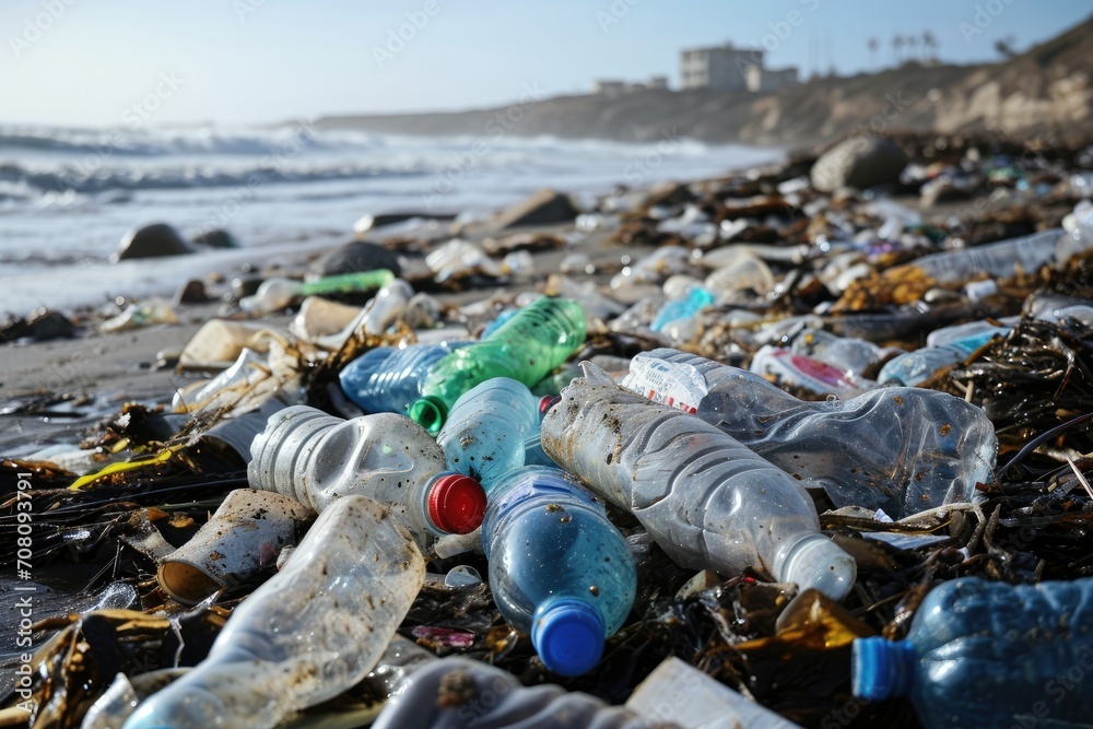 Multiple plastic bottles and other plastic waste is washed ashore on a ...