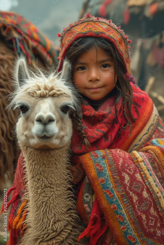 Young Girl With Llama in Village, A Charming Encounter in a Rural ...