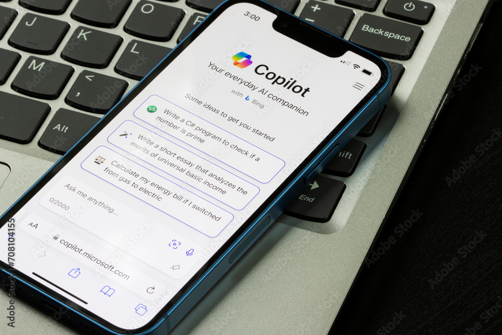 Portland, OR, USA - Dec 5, 2023: The user interface of Microsoft Copilot is seen on the ...