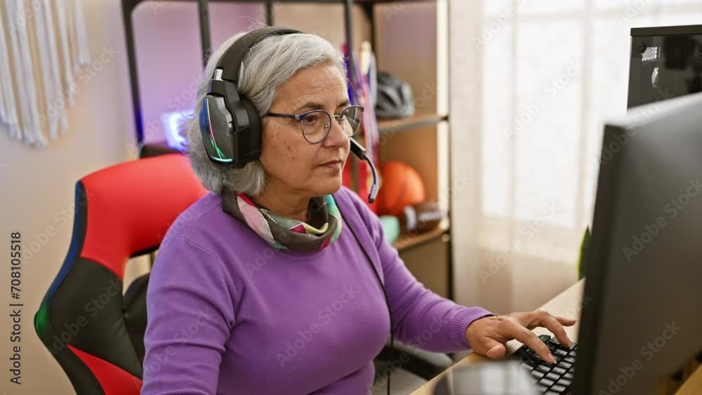 Middle-aged woman with grey hair using computer in gaming room ...