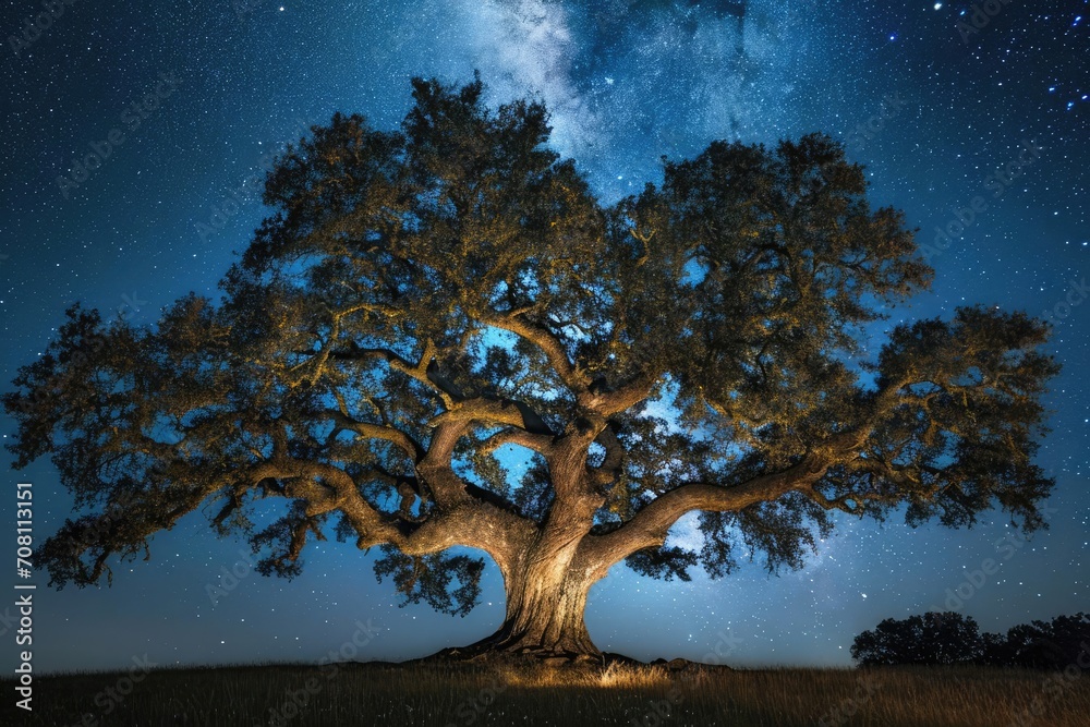 Ancient oak tree with sprawling branches under a starry night sky Stock ...