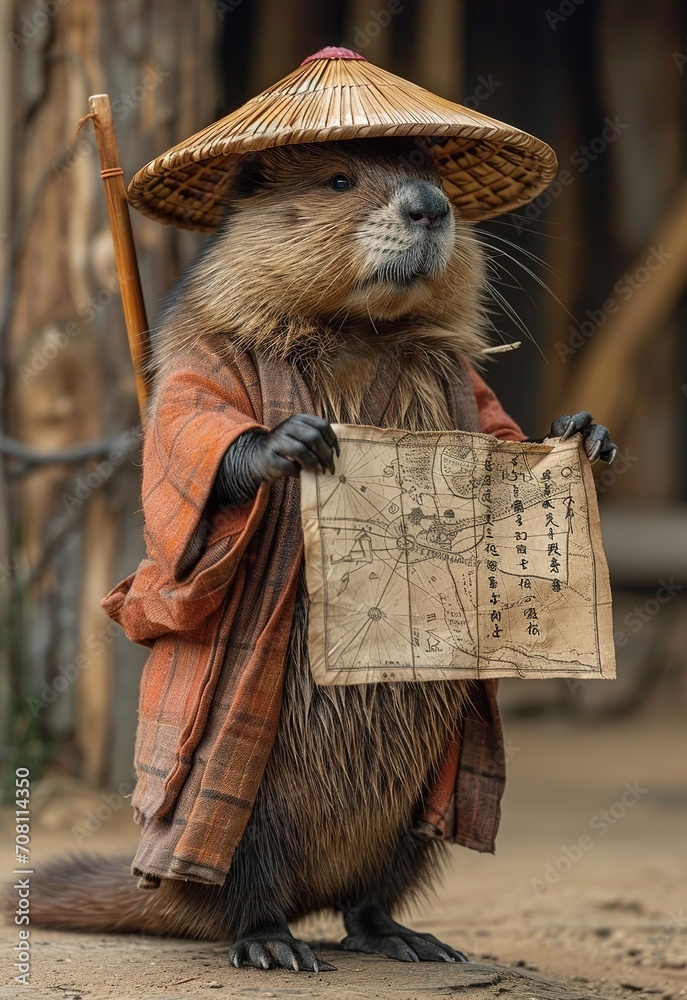Wise beaver holding an ancient map, traditional painting manuscript ...