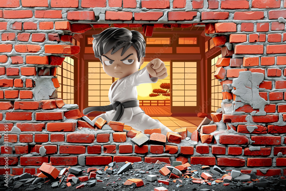 Cartoon Karate boy breaking through red brick wall with dojo in ...