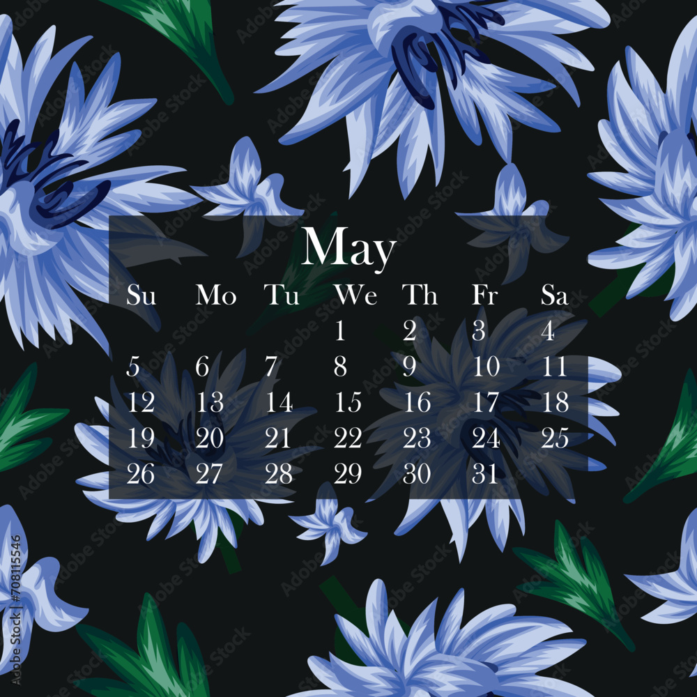 flower calendar, for the month of May 2024, consisting of open field ...