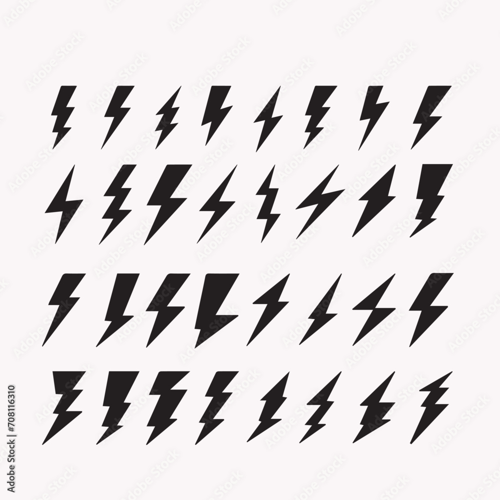 Lightning bolt black line icon set. Energy power charge sign.flash lightning bolt icon. Electric ...