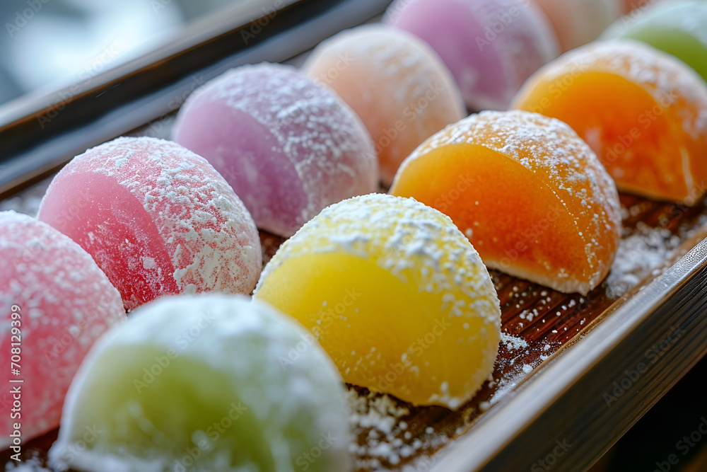 Colorful mochi row with sugar dust, vibrant colors. Close up of rainbow ...