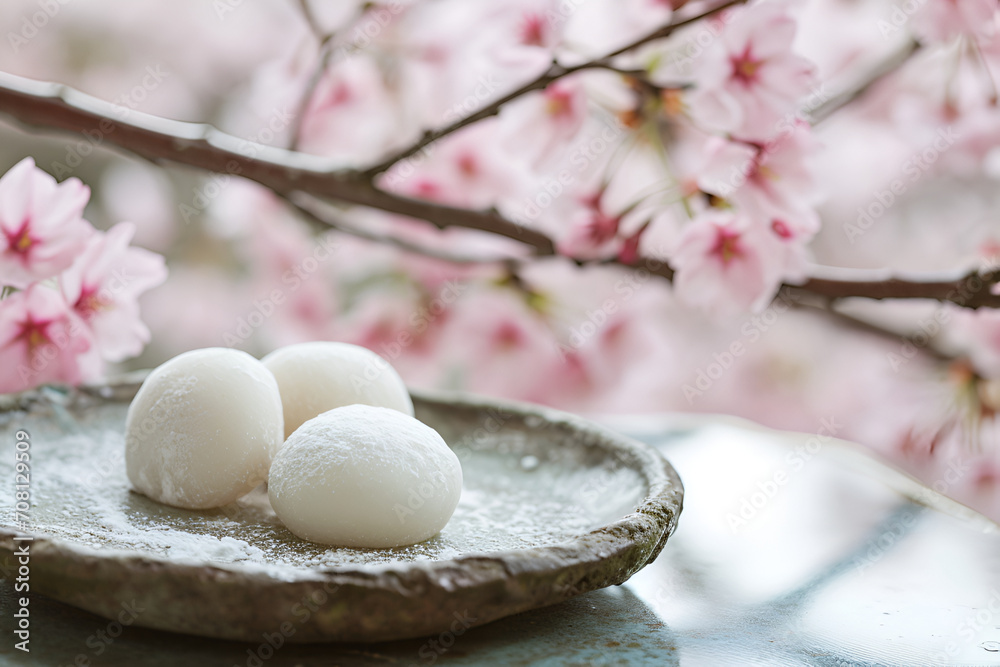 Tender white mochi on stone plate, cherry blossom, spring aesthetic. Sakura backdrop, snow-white ...