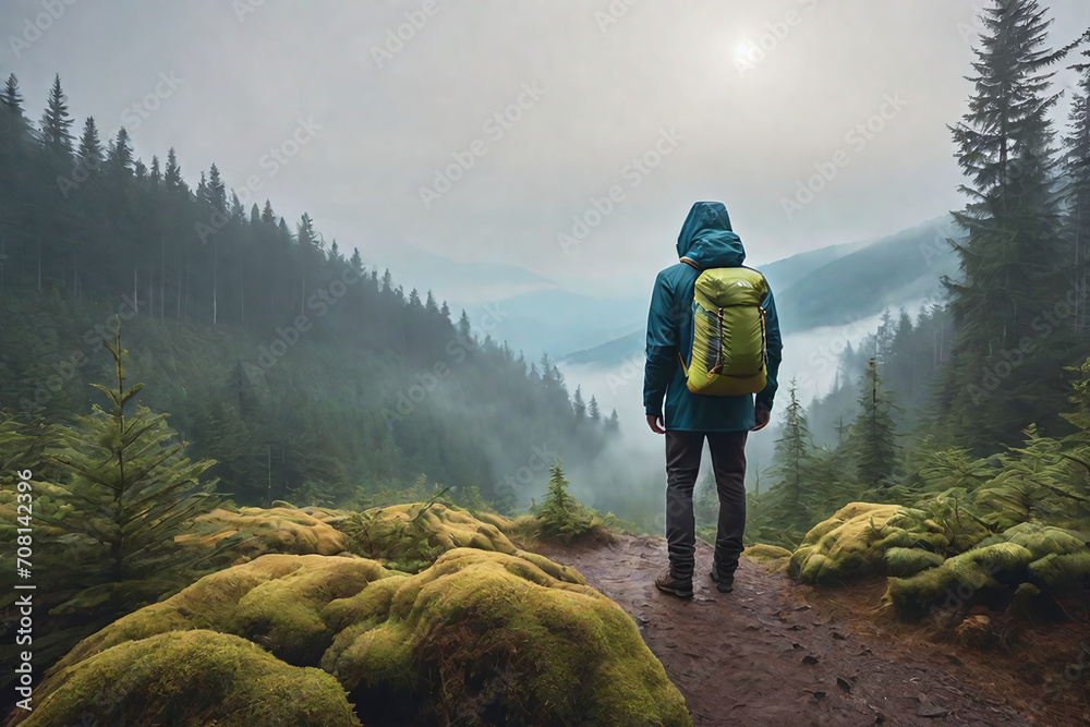 Forest, fog, mountains in the distance, man in the sport hood standing ...