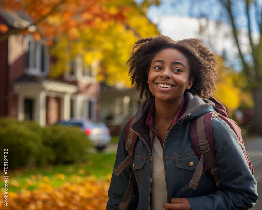Black teen girl walking home from school in a neighborhood with autumn ...