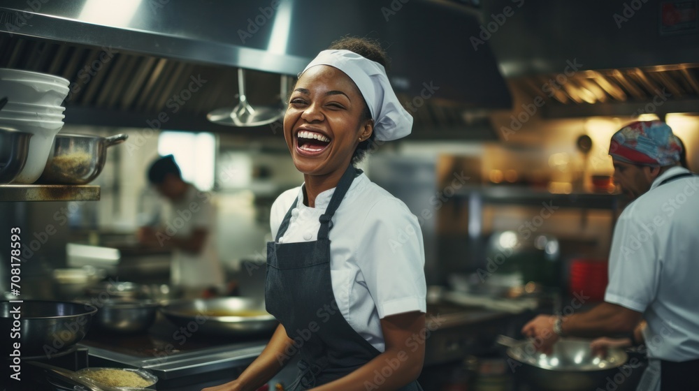 Happy professional chef cooking in kitchen in restaurant. females ...
