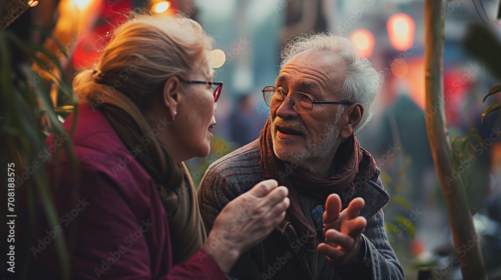 Two senior citizens wearing glasses enjoying a conversation in a public ...