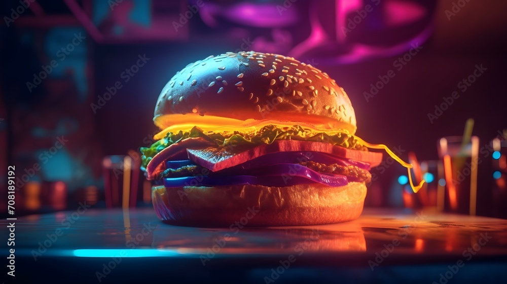 Futuristic burger in a high-tech restaurant . The background is a mix ...
