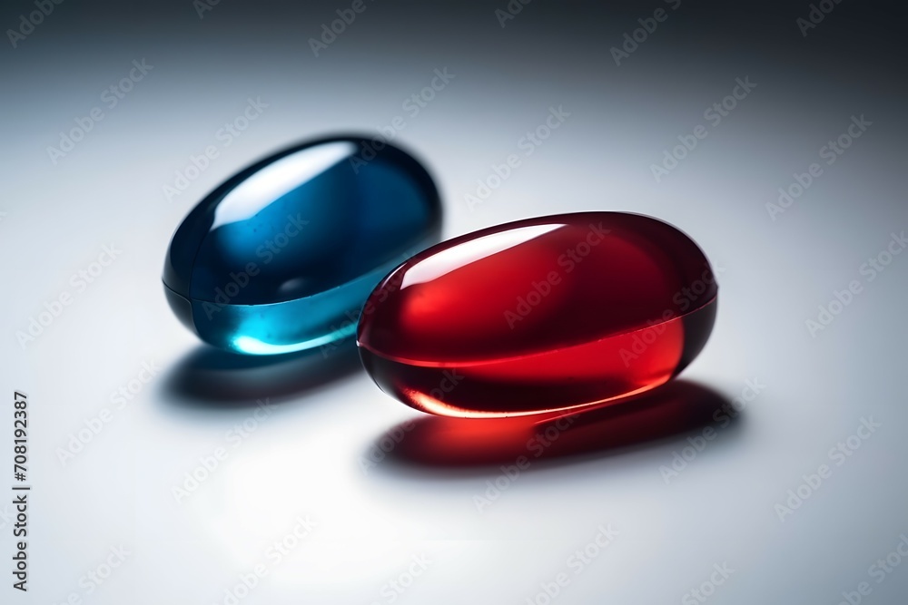 a close-up shot of red pill and a blue pill on a white background, high ...