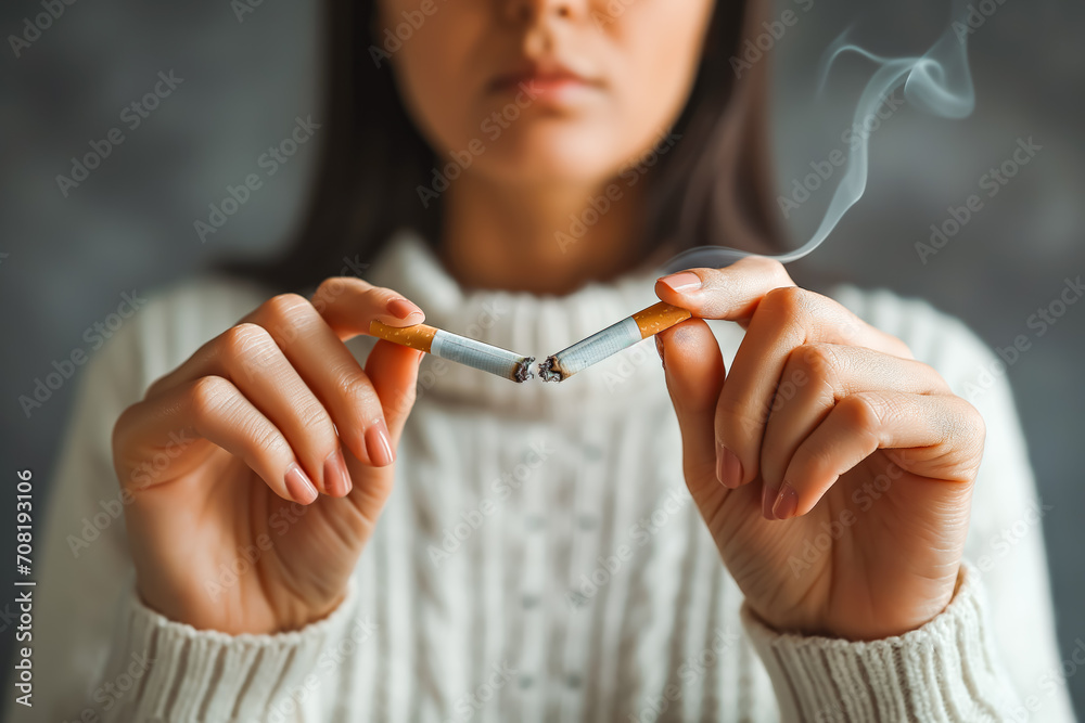 No smoking. Woman stop smoke, refuse, reject, break take cigarette, say ...