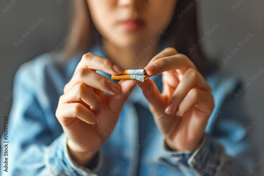 No smoking. Woman stop smoke, refuse, reject, break take cigarette, say ...