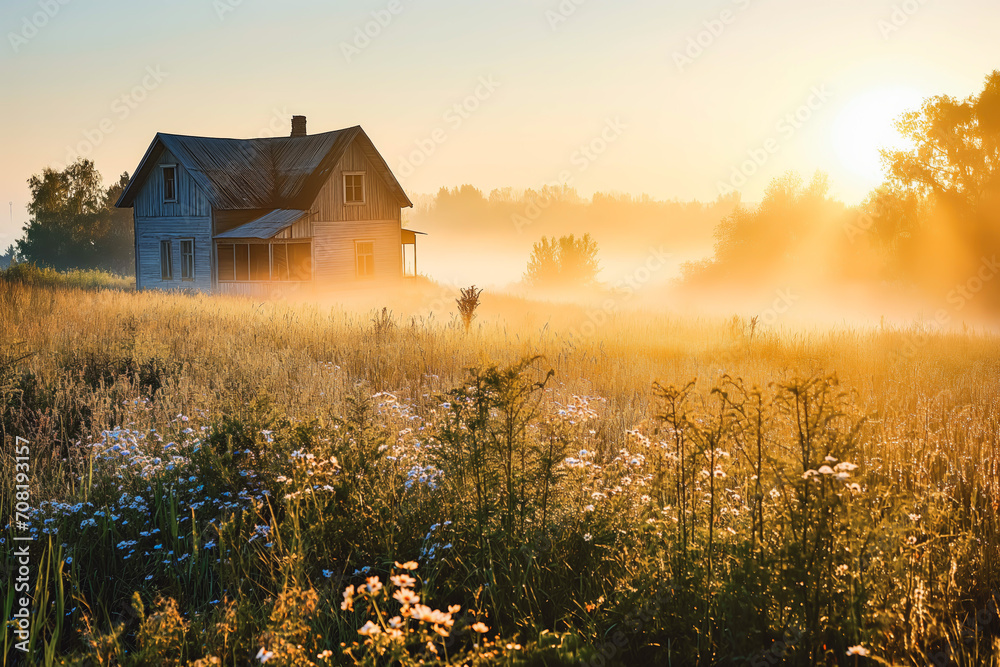 Peaceful landscape with field, flowers, an old house in the distance ...