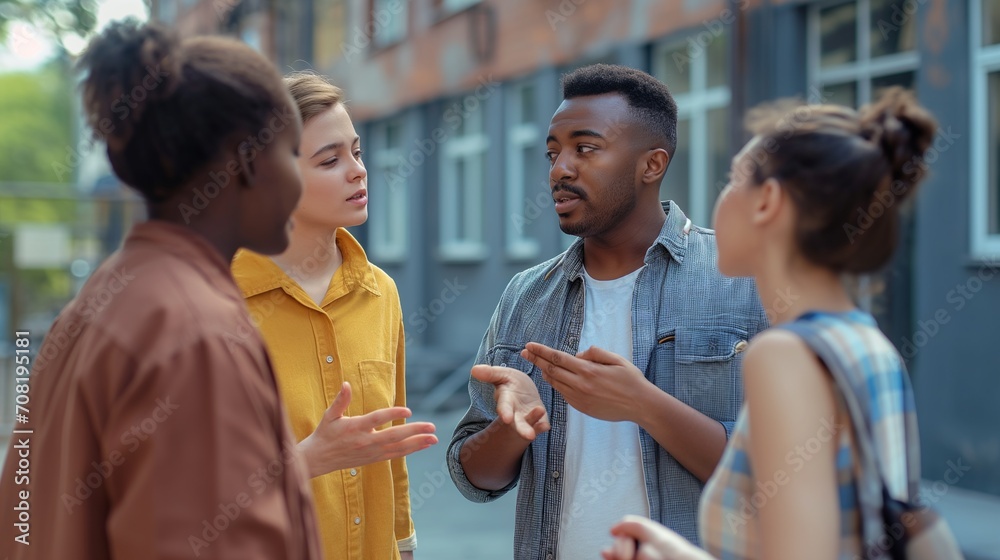 Group of deaf friends having a sign language conversation, four hearing ...