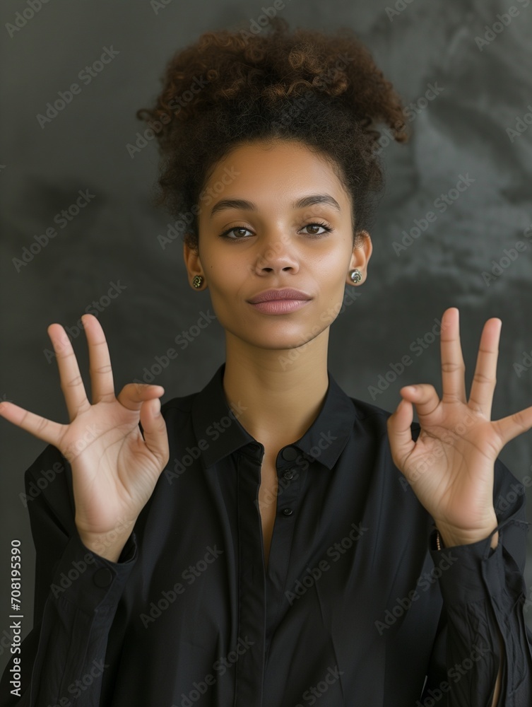Pretty black or metis deaf woman, signing OK in sign language with her ...