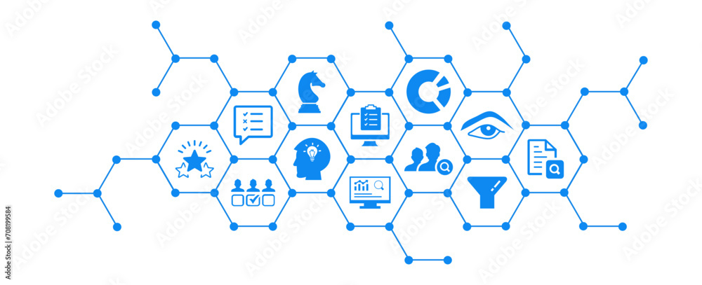 Assessment vector illustration. Blue concept with icons related to hr ...