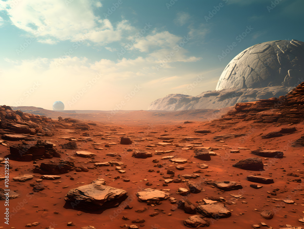 A barren red planet stretches out before us, its sky a hazy mix of ...