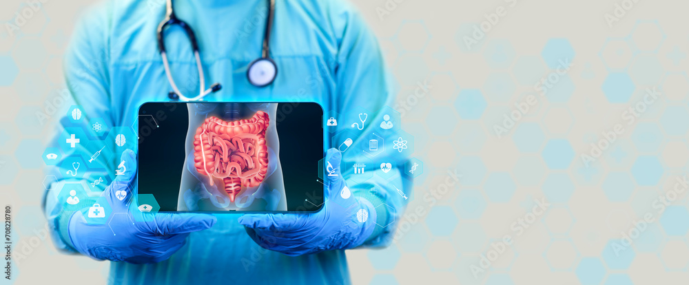 The doctor shows the x-ray of the human body in digital format. The ...