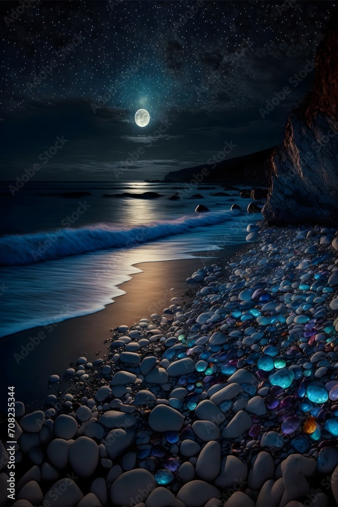 Beautiful seashore night scene, starry sky, blue sea of light, light ...