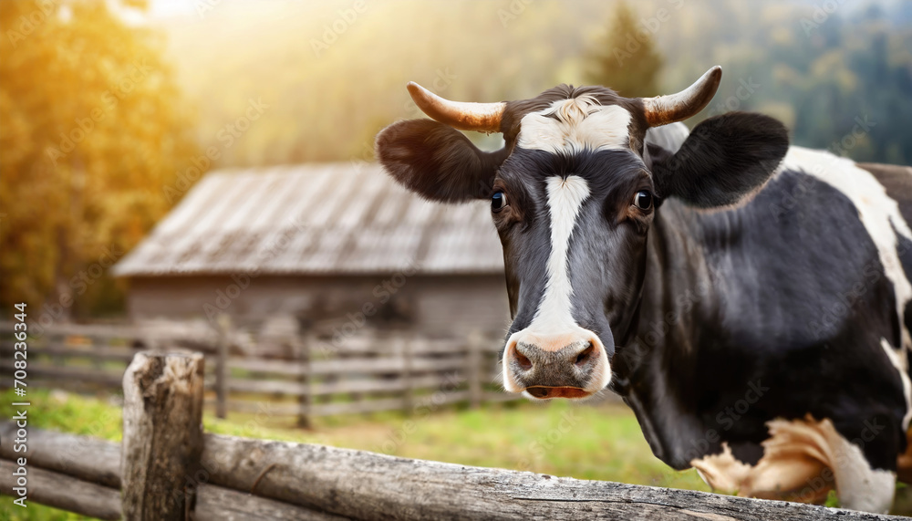 Black cow with nice horns in a pasture near traditional rural ranch ...