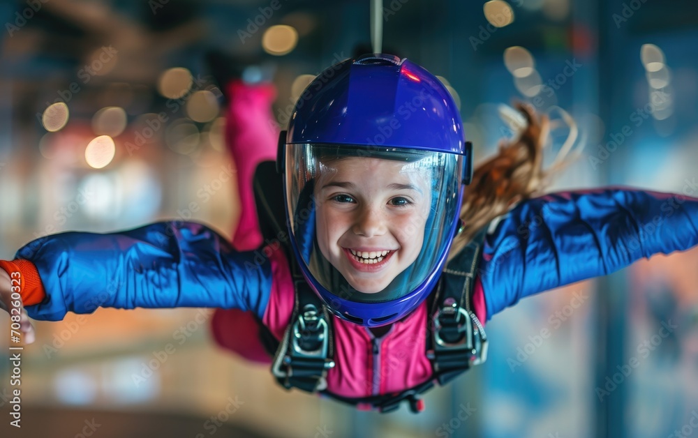 Smiling child girl in a skydiving center in free falling Stock Photo ...