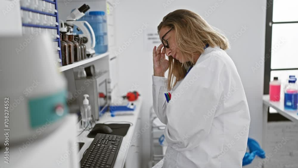 Exhausted young blonde scientist woman overwhelmed, burning the ...