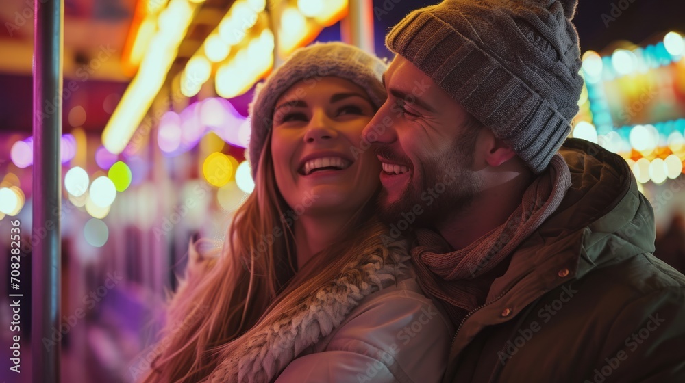 cute young beautiful couple guy and girl riding on merry go round ...