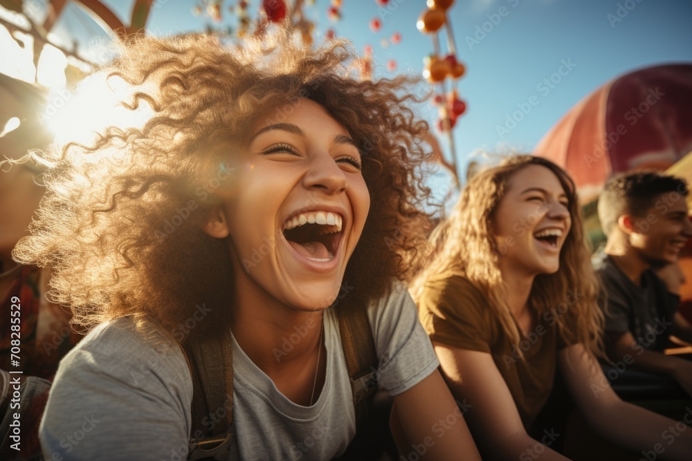 A diverse group of teens laughing and having a blast on an amusement ...